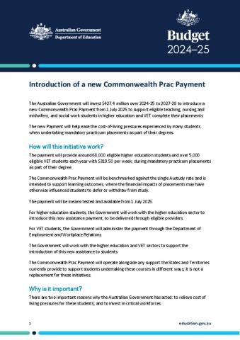 2024-25 Budget: Commonwealth Prac Payment - Department of Education, Australian Government